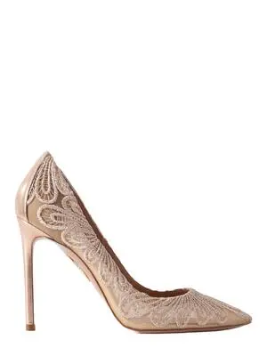 AQUAZZURA 105 Metallic Leather-trimmed Chantilly Lace Pumps - Neutrals