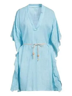 120% Lino Linen Mini Kaftan Dress With Lace - Blue