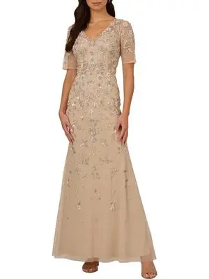 Adrianna Papell Beaded Mesh Gown - Biscotti