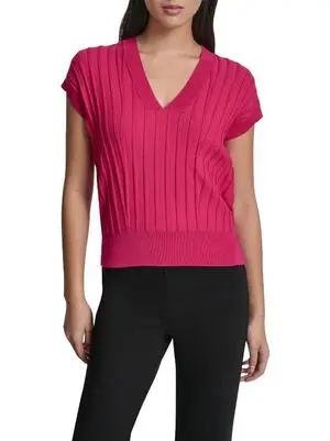 Dkny Ribbed Short Sleeve Sweater - Hot Pink