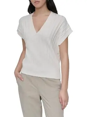 Dkny Ribbed Short Sleeve Sweater - Ivory