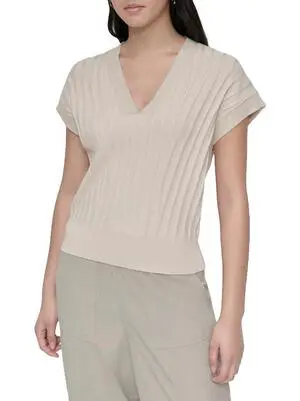 Dkny Ribbed Short Sleeve Sweater - Light Khaki