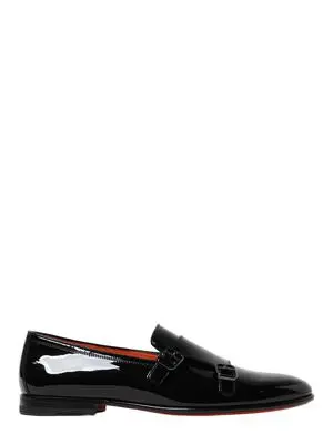 Santoni Patent Leather Monk Strap Shoes - Black