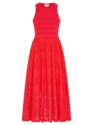 MILLY Geo Eyelet Knit Combo Midi Dress - Red