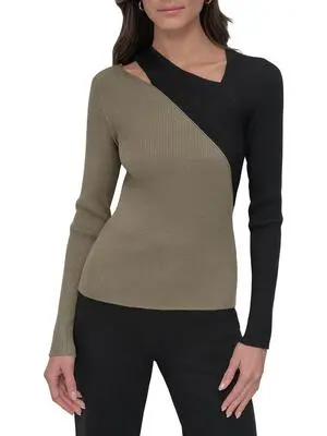 Dkny Colorblock Cutout Sweater - Utility Green/ Black