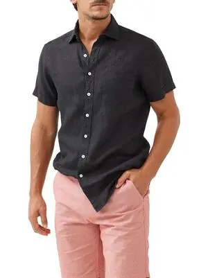 Rodd & Gunn Palm Beach Sports Fit Short Sleeve Linen Button-up Shirt Black Pearl