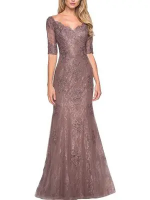 La Femme Floor Length Lace Gown With Rhinestone Detail - Cocoa