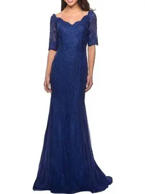 La Femme Floor Length Lace Gown With Rhinestone Detail - Marine Blue