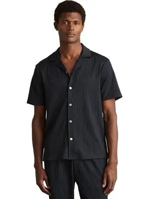 REISS Elio Wave-jacquard Cuban-collar Shirt - Navy