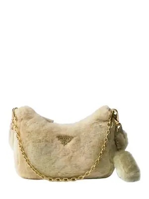 Prada Mini Re-edition Shearling Shoulder Bag - Neutrals