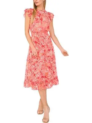 CECE DUPRAZ Flutter Sleeve Smocked Dress - Deep Sea Coral