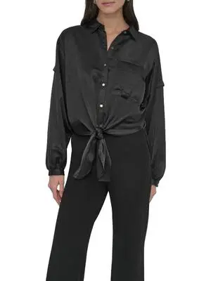 Dkny Tie-front Satin Shirt - Black