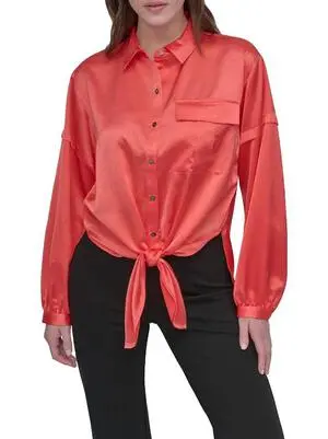 Dkny Tie-front Satin Shirt - Coral Crus