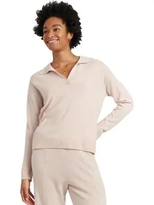 Chinti & Parker Wool Cashmere Blend V-Neck Collared Sweater Bone