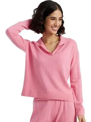 Chinti & Parker Wool Cashmere Blend V-Neck Collared Sweater Punch Pink