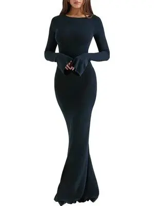 House Of Cb Christiane Open Back Long Sleeve Knit Gown - Parisian Night