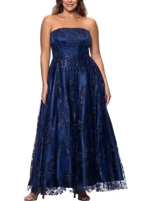 BLONDIE NITES Glitter Mesh Corset A-line Gown - Navy