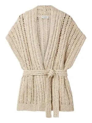 Brunello Cucinelli Belted Sequined Open-knit Cardigan - Neutrals