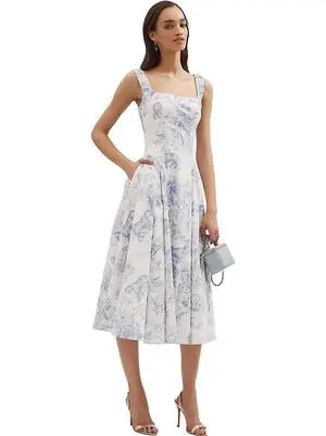MARE MARE Chinoiserie Fit & Flare Midi Dress - Pale Blue Pattern