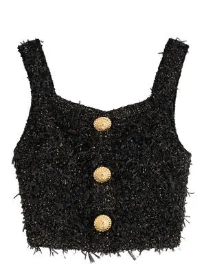 Balmain Frayed Cropped Bouclé Tweed Top - Black