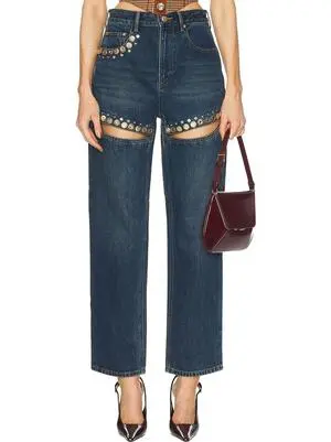 AREA Crystal Cut Out Straight Leg Jeans - Dark Blue