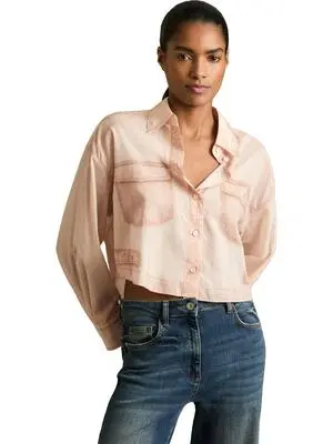 REISS Darcy Cotton Denim-print Cropped Shirt - Pale Pink