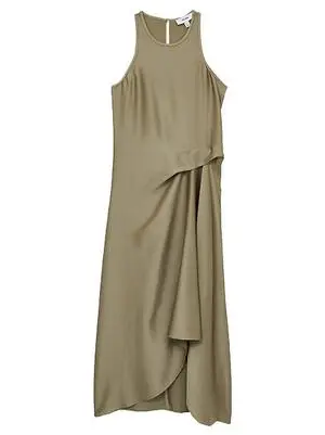 REISS Micah Drape-tuck Satin Midi Dress - Khaki