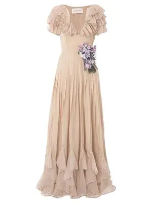 Valentino Garavani Belted Ruffled Embellished Silk-georgette Gown - Brown