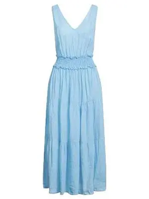 120% Lino Midi Linen Shirred Dress - Blue