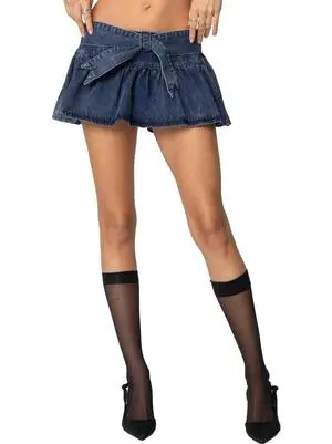 EDIKTED Bow Tie Low Rise Denim Skort - Blue-washed