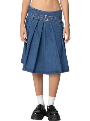 EDIKTED Belted Pleated Denim Midi Skirt - Blue