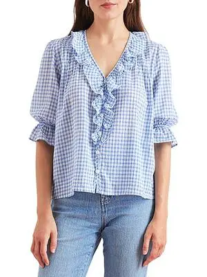 PANEROS CLOTHING Camilla Embroidered Blouse - Petite Blue Plaid