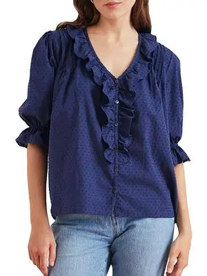 PANEROS CLOTHING Chloe Swiss Dot Ruffle Shirt - Navy