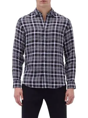 Bugatchi Julian Plaid Linen Button-up Shirt - Black