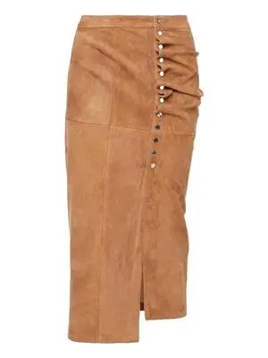 Rabanne Ruched Suede Midi Skirt - Brown