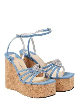 Mach & Mach Double Heart Denim Wedges - Blue