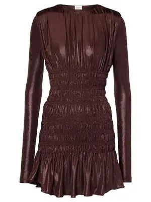 Saint Laurent Smocked Lamé Jersey Minidress - Burgundy