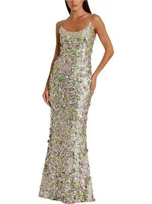 Mac Duggal Sleeveless Floral Embellished Mesh Gown - Pastel Multi