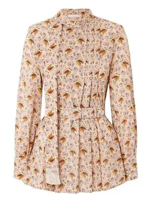 Valentino Garavani Tie-neck Belted Floral-print Blouse - Neutrals