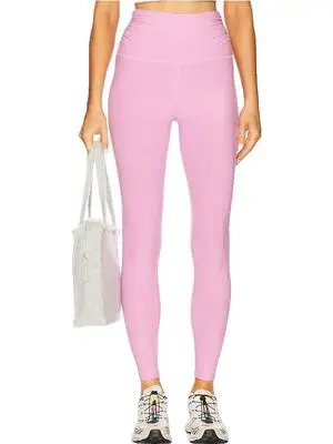 Beyond Yoga Spacedye Raise The Barre Shirred Legging In Pink - Pink Haze Heather