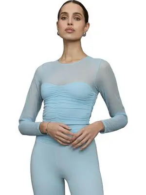Carbon38 Ruched Mesh Long Sleeve Top - Sky Blue