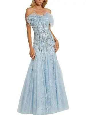 Mac Duggal Strapless Feather Embellished Gown - Powder Blue