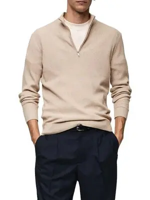 Mango Quarter Zip Ribbed Sweater - Beige