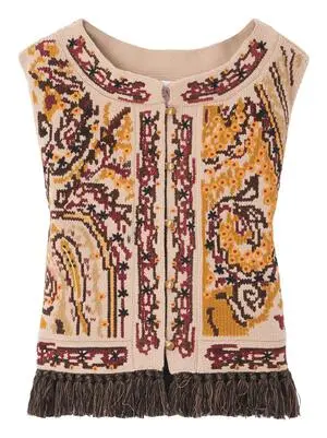 Valentino Garavani Fringed Embroidered Wool Vest - Neutrals