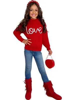 MIA BELLE GIRLS Embroidered Chunky Knit Sweater - Red