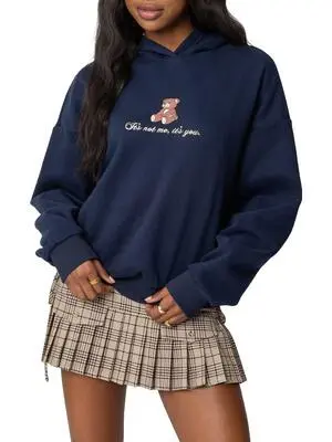 EDIKTED Teddy Bear Embroidered Graphic Hoodie - Navy