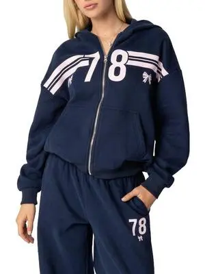 EDIKTED 78 Stripe Graphic Zip-up Hoodie - Navy