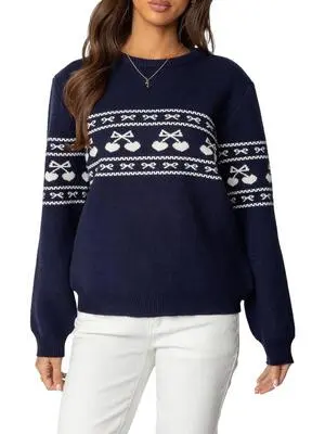 EDIKTED Hearts And Bows Fair Isle Crewneck Sweater - Navy