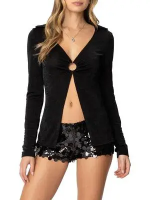 EDIKTED Daria Split Front Long Sleeve Shirt - Black