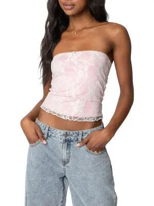 EDIKTED Allison Lace Crop Tube Top - White-and-pink